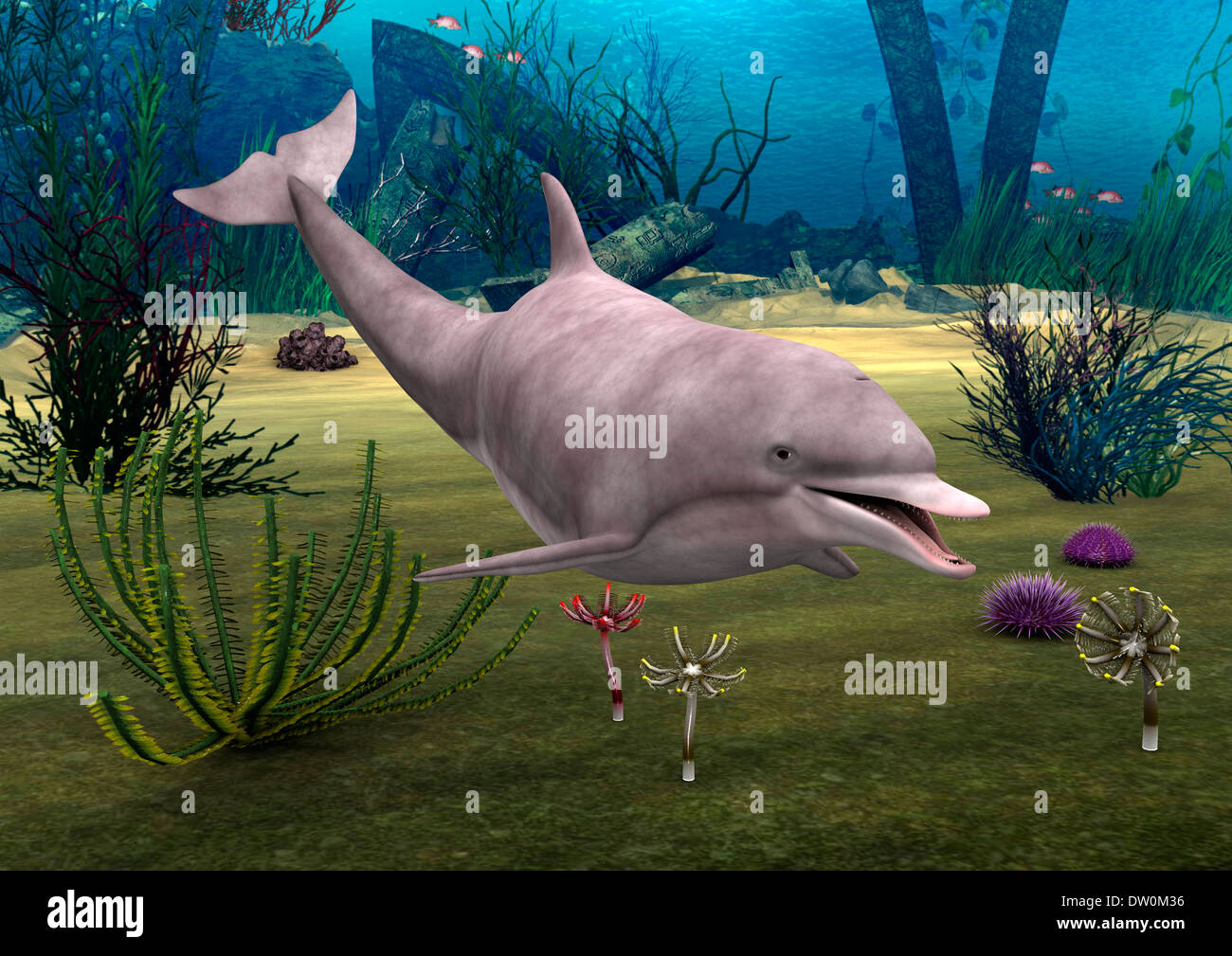 3D digital render of a cute dolphin on blue fantasy ocean background ...