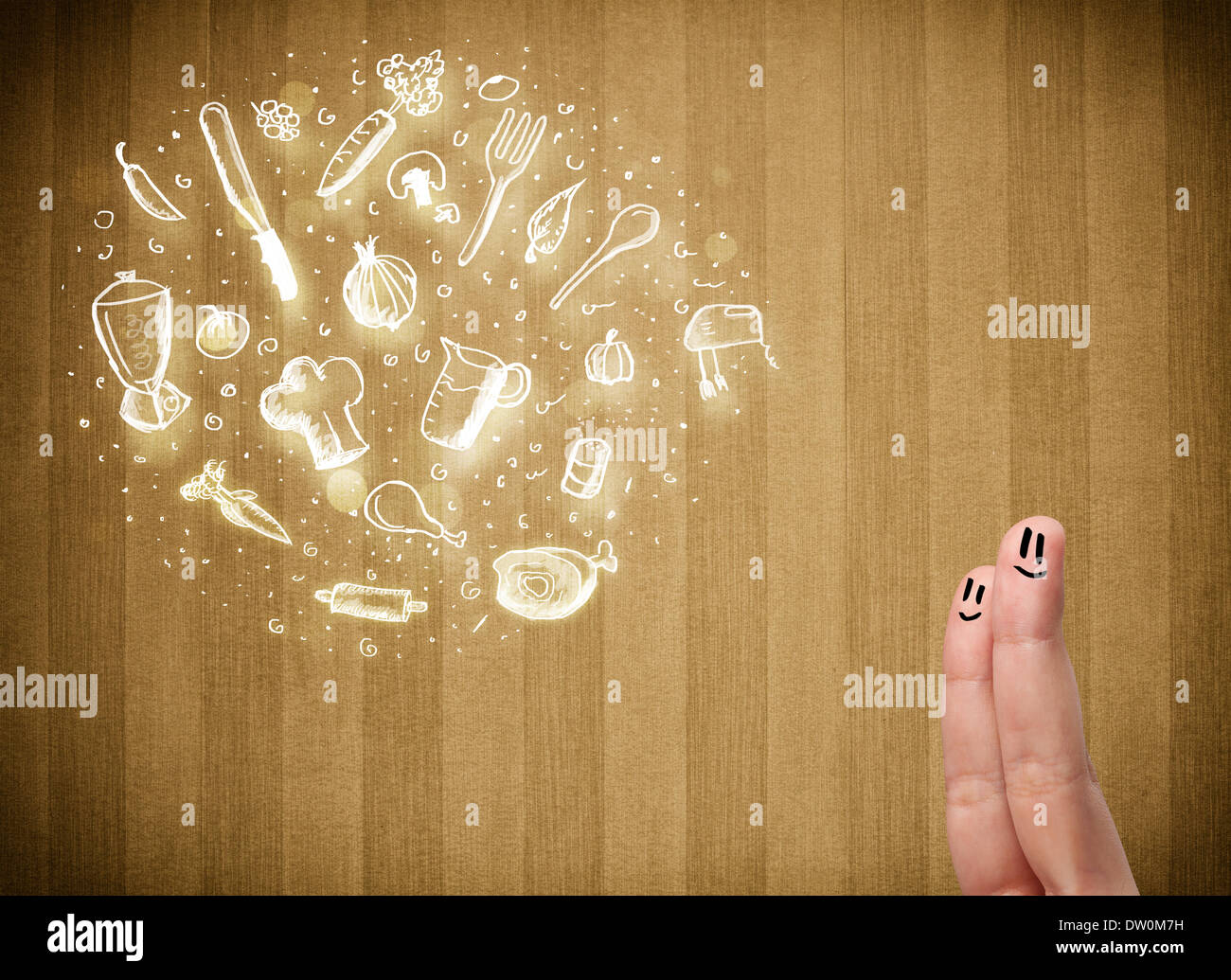 Cheerful finger smileys with food and kitchen hand drawn icons Stock ...
