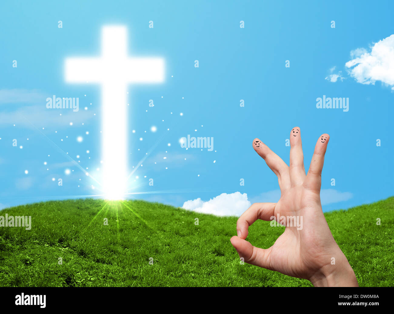 Happy finger smileys with christian religion cross Stock Photo - Alamy