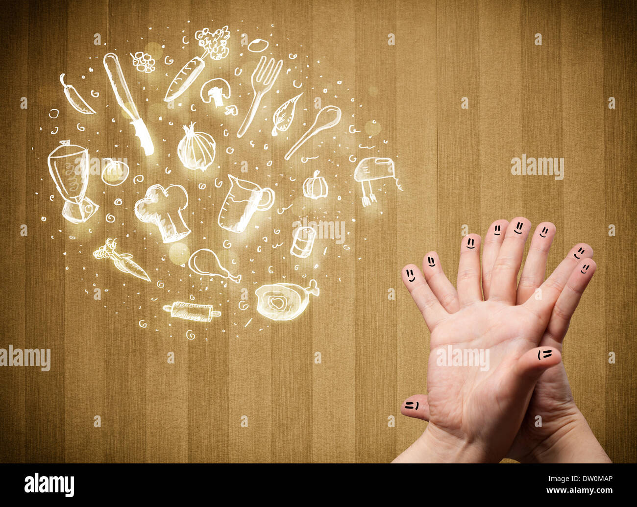 Cheerful finger smileys with food and kitchen hand drawn icons Stock ...