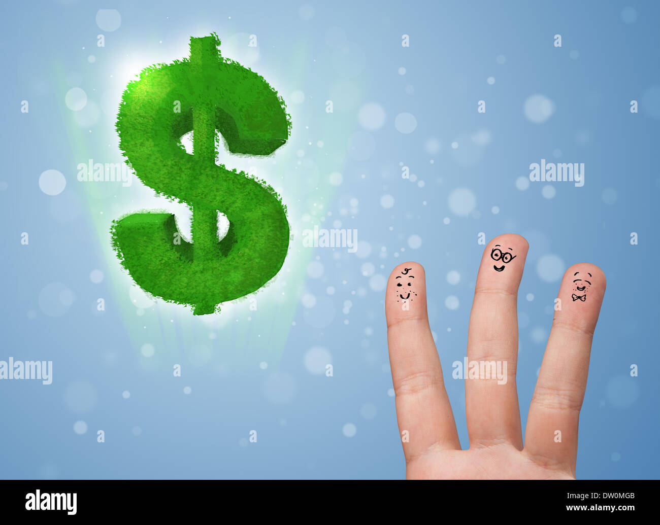 Happy smiley fingers looking at green leaf dollar sign Stock Photo - Alamy