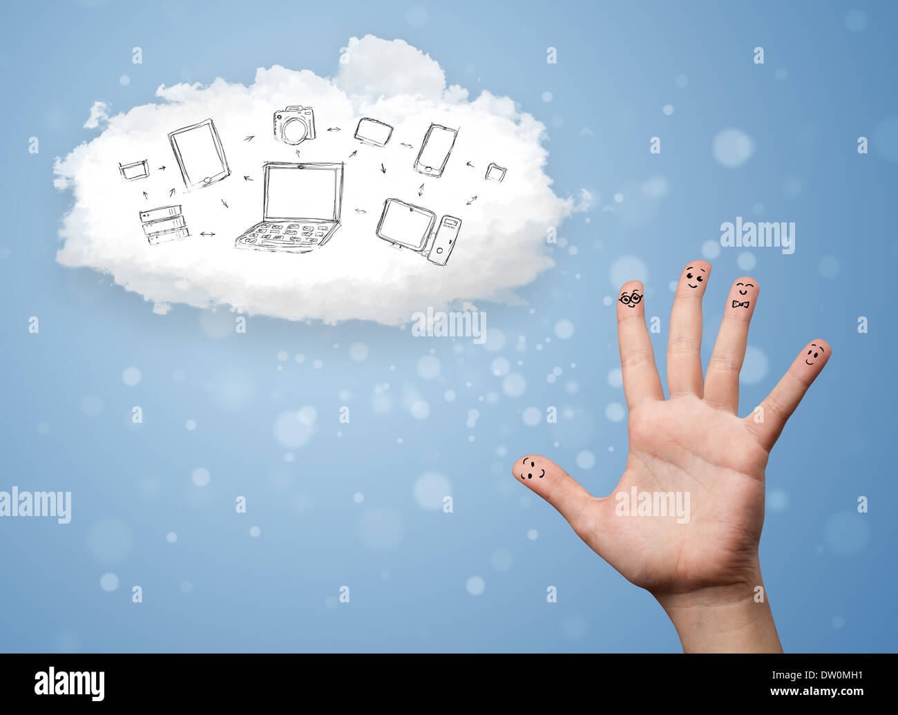 Happy smiley fingers looking at cloud computing with technology icons ...