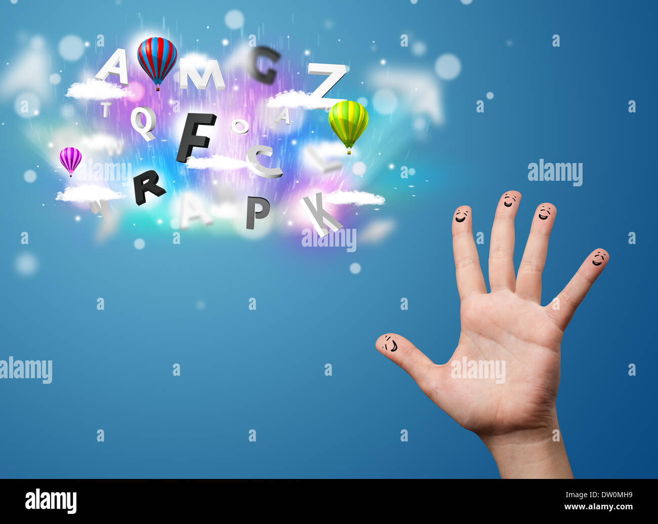 Happy smiley fingers looking at colorful magical clouds and balloons ...
