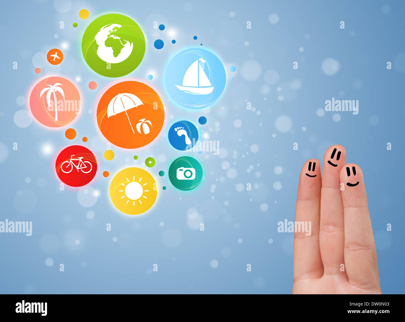 Cheerful finger smileys with colorful holiday travel bubble icons Stock ...