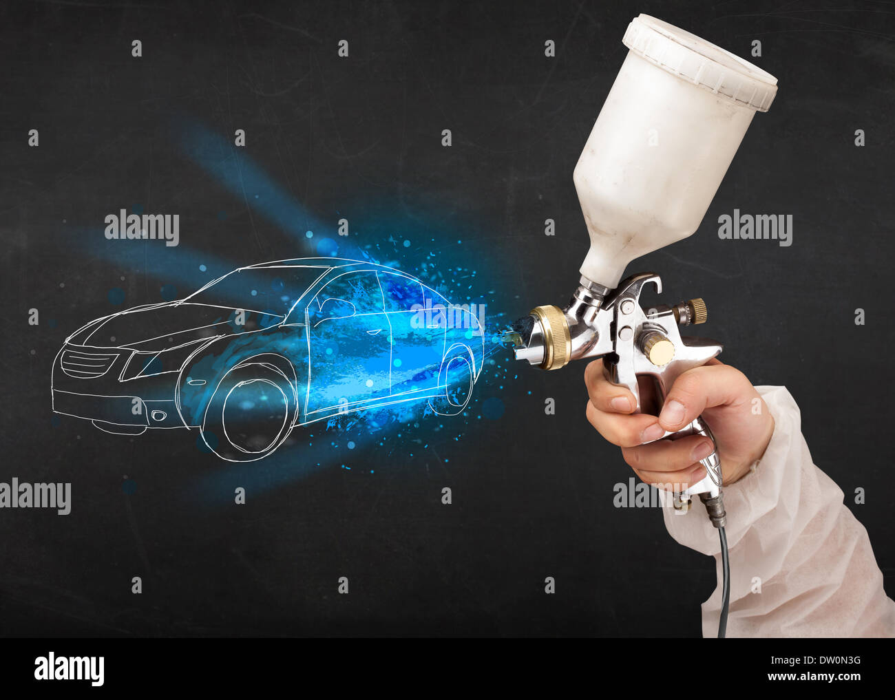 Worker with airbrush gun painting hand drawn car lines Stock Photo - Alamy