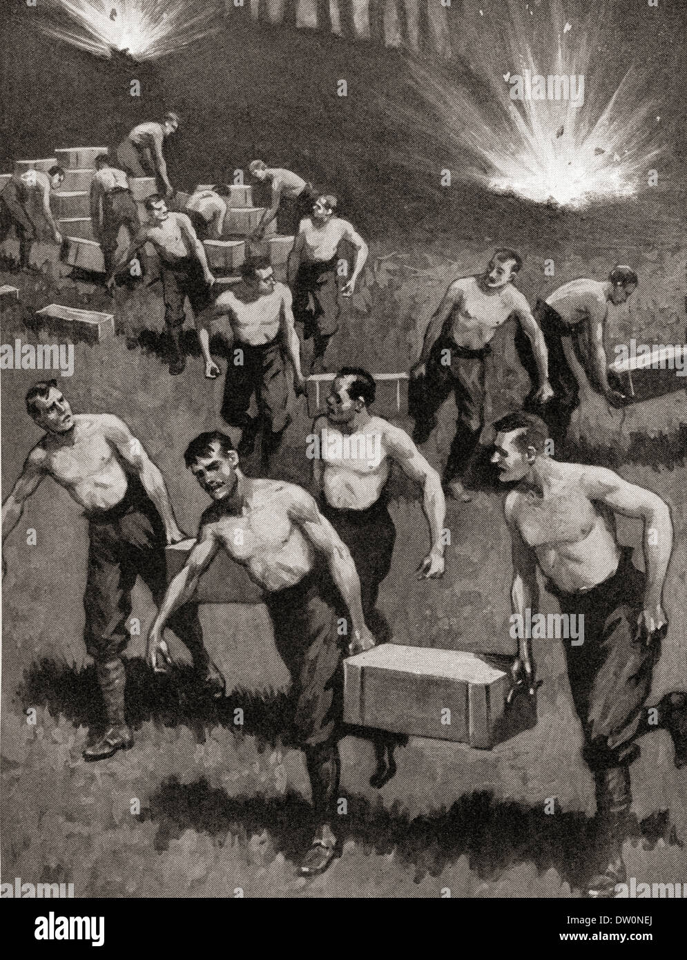 British soldiers bravely removing boxes of ammunition to avoid enemy fire during the Battle of ...