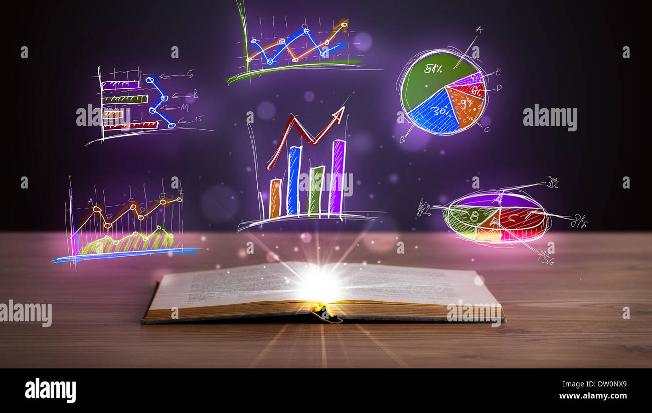 Book on wooden deck with glowing graph illustrations Stock Photo - Alamy