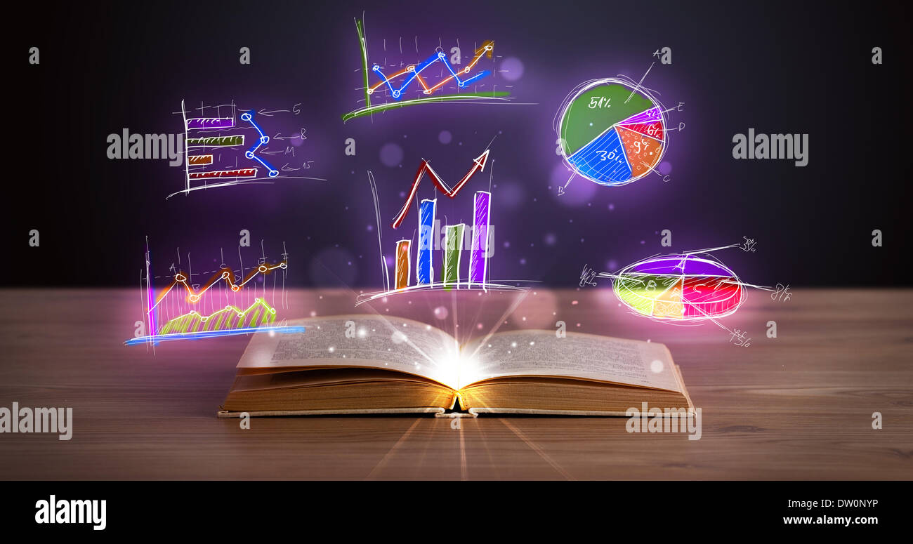 Book on wooden deck with glowing graph illustrations Stock Photo - Alamy