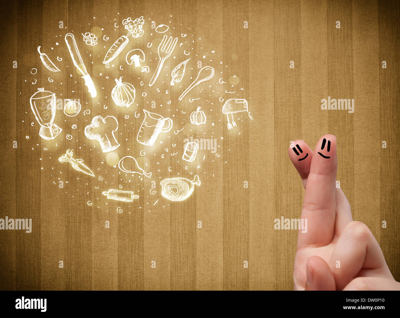 Cheerful finger smileys with food and kitchen hand drawn icons Stock ...