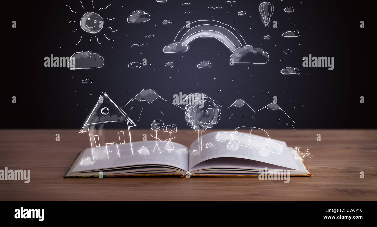 Open book with hand drawn landscape Stock Photo - Alamy