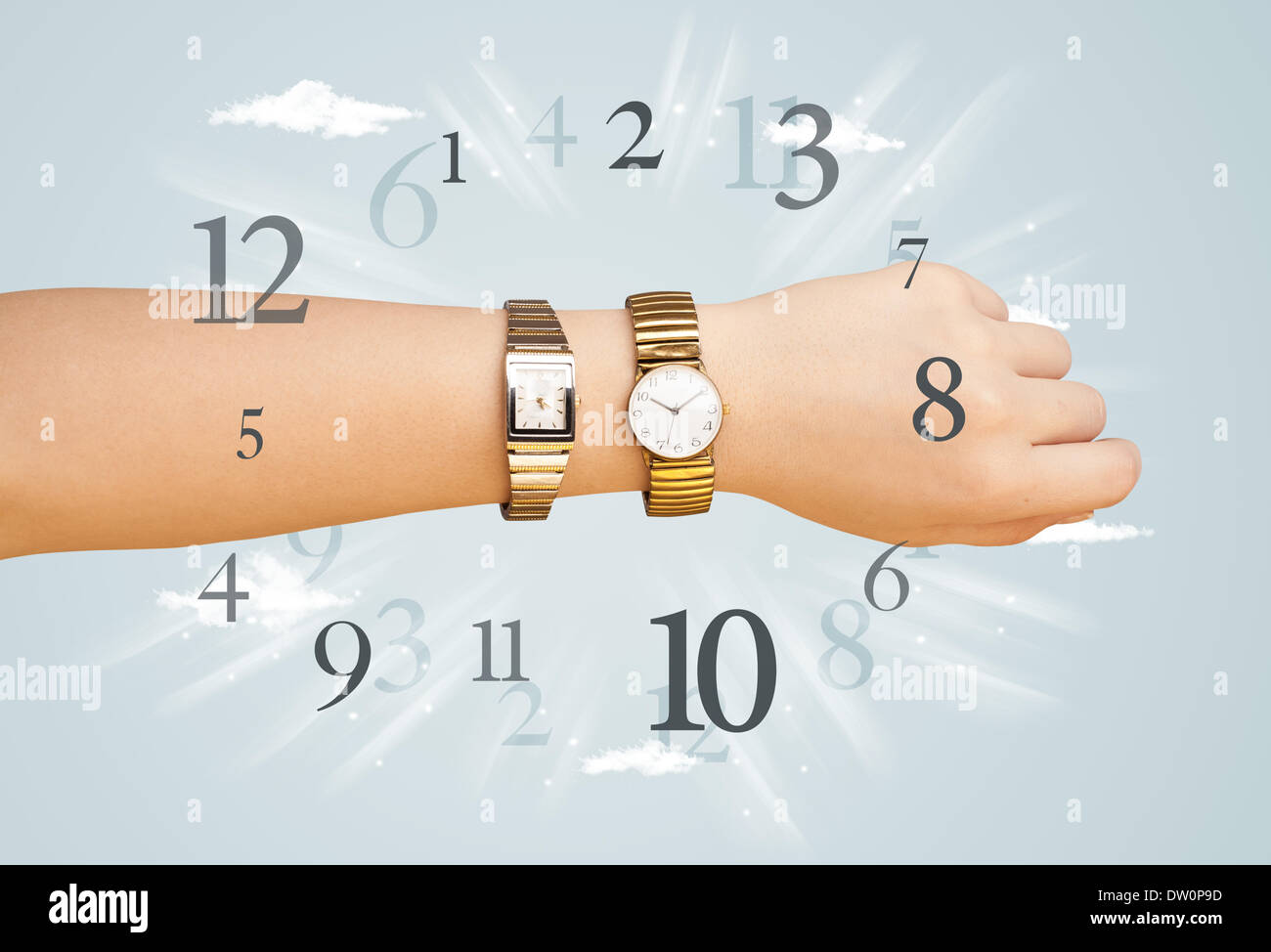 Hand with watch and numbers on the side comming out Stock Photo - Alamy