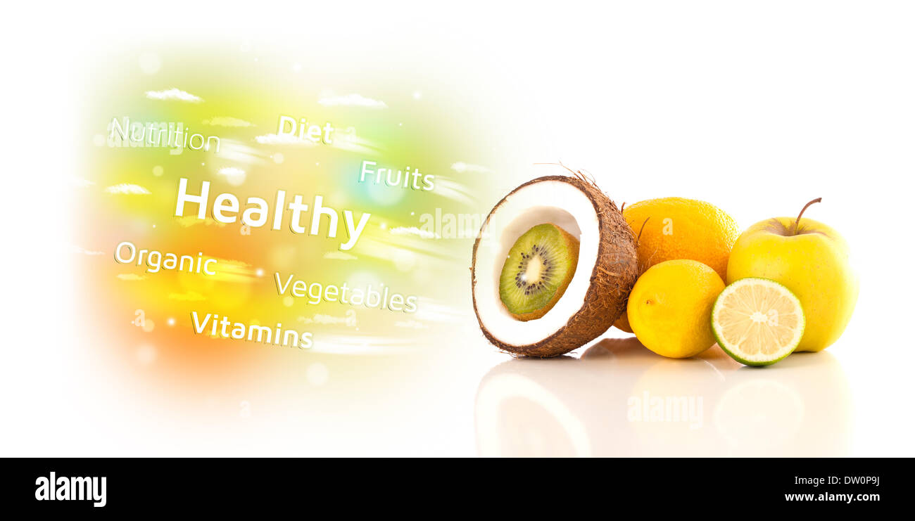 Colorful juicy fruits with healthy text and signs Stock Photo - Alamy