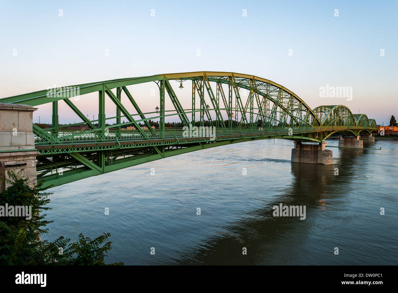 Bridge connecting two countries, Slovakia and Hungaria before sunset in ...