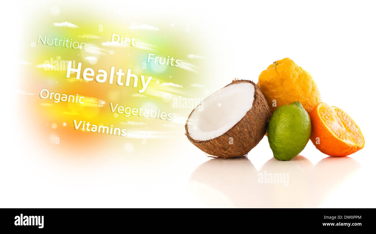 Colorful juicy fruits with healthy text and signs Stock Photo - Alamy