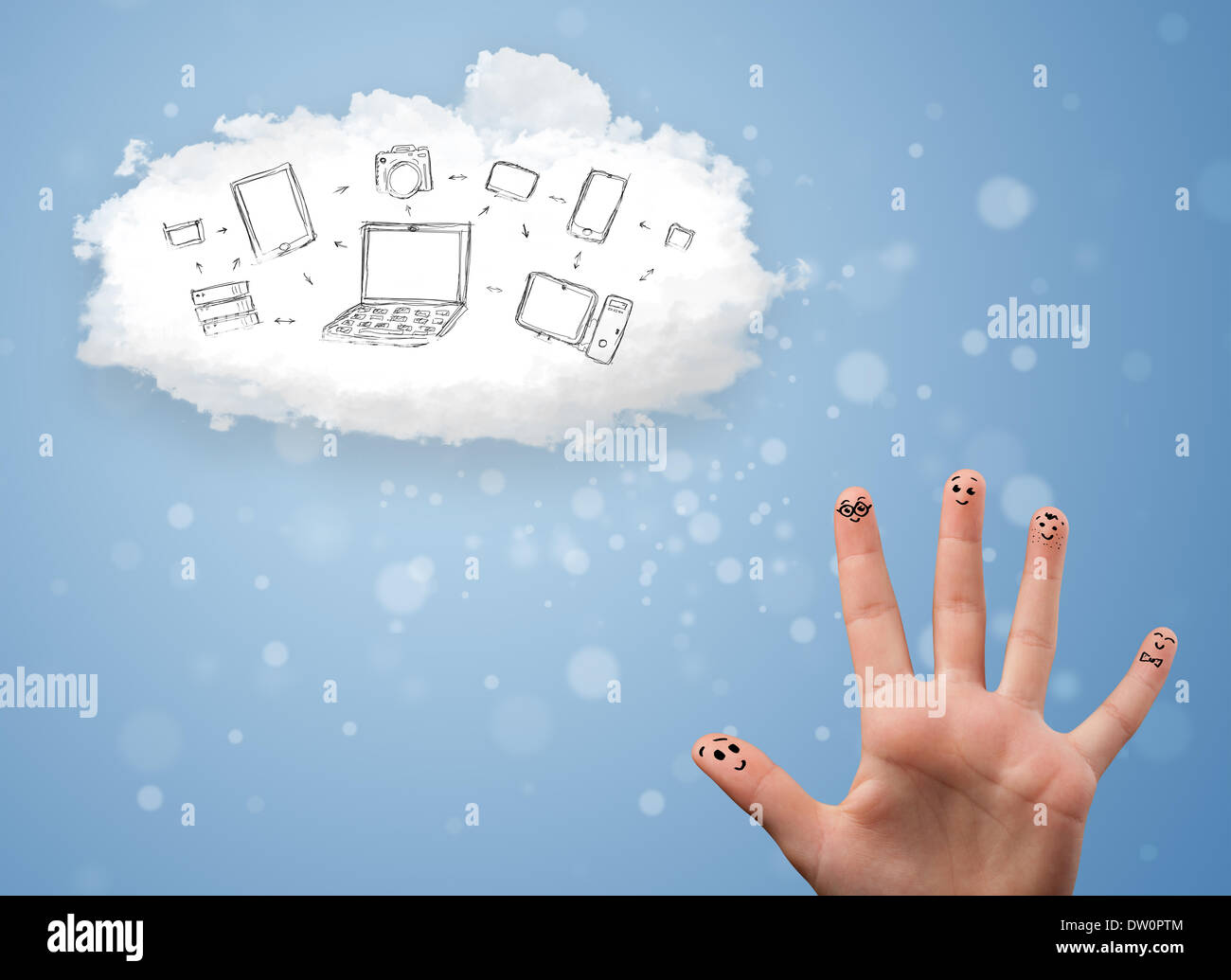 Happy smiley fingers looking at cloud computing with technology icons ...