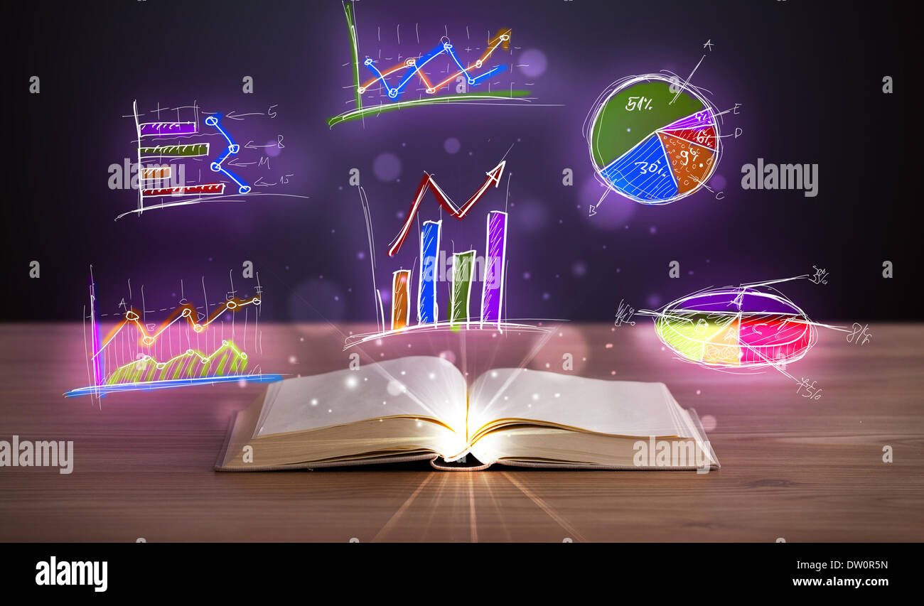 Book on wooden deck with glowing graph illustrations Stock Photo - Alamy