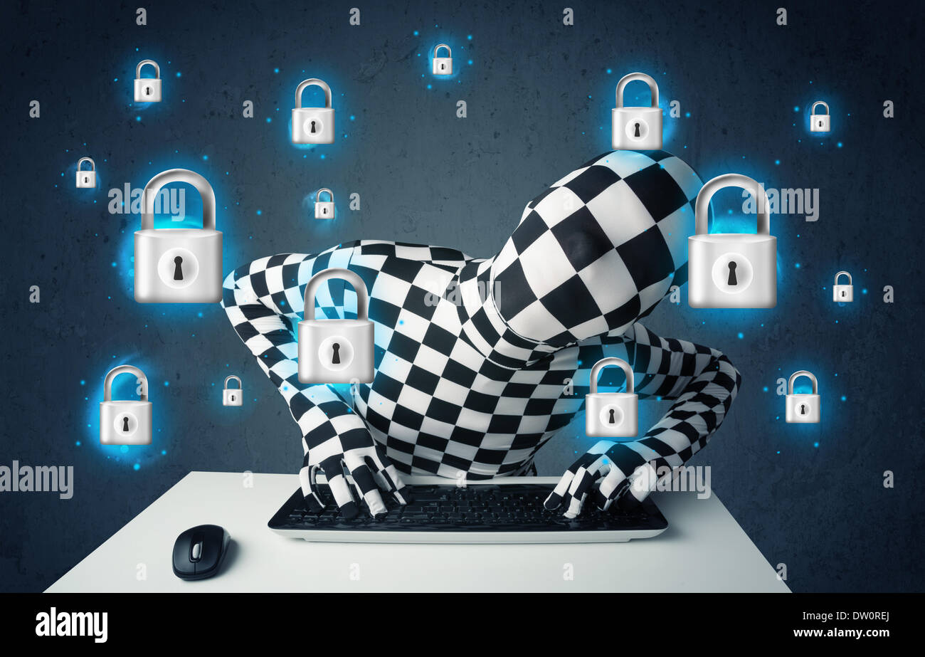 Hacker in disguise with virtual lock symbols and icons Stock Photo - Alamy
