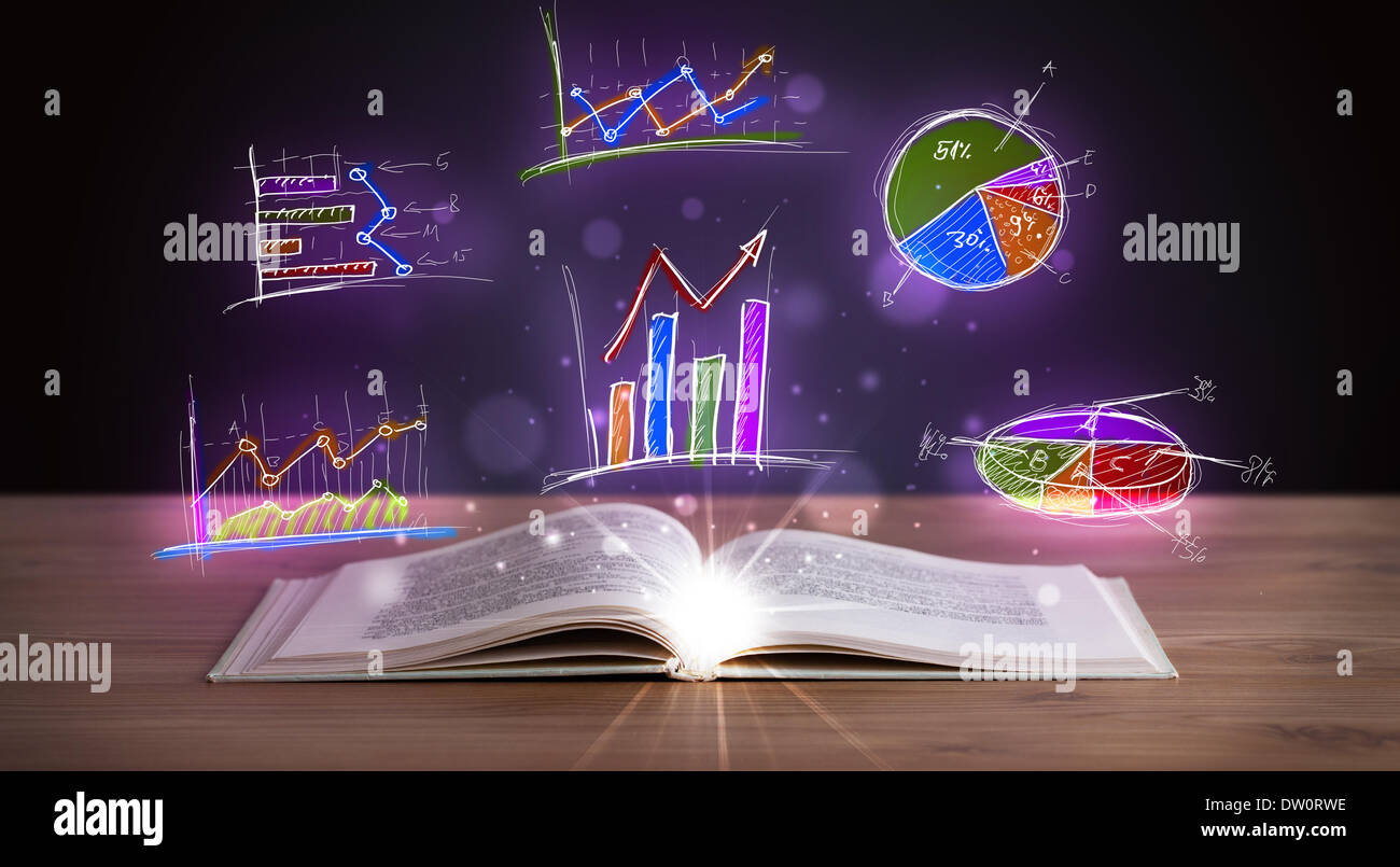 Book on wooden deck with glowing graph illustrations Stock Photo - Alamy