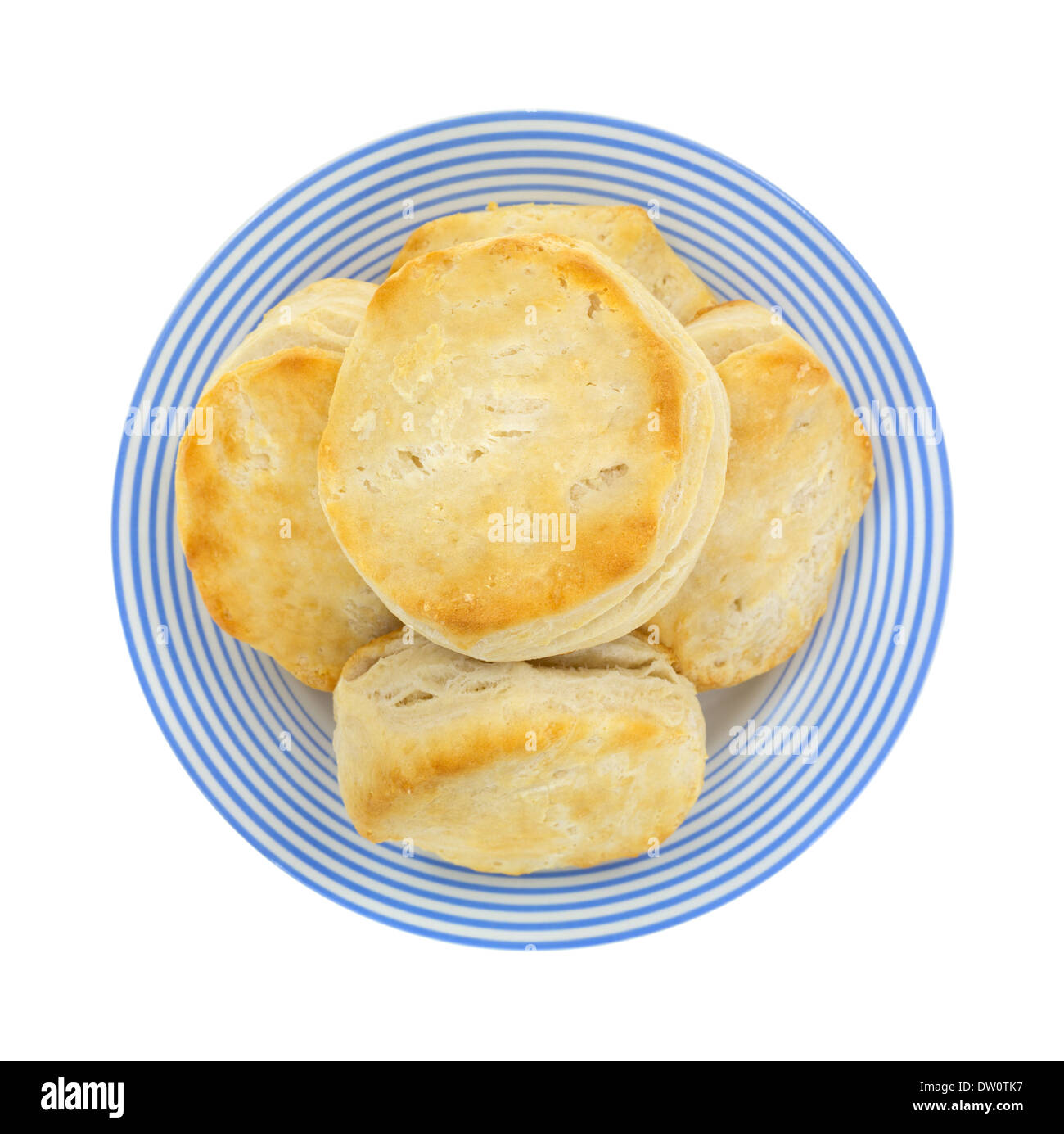 Top view of several freshly baked biscuits on a blue striped plate ...