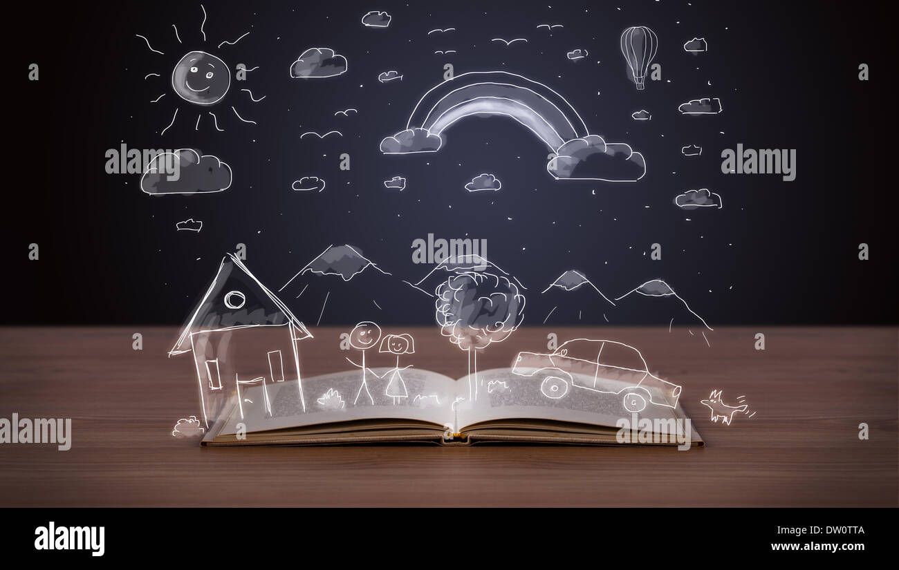 Open book with hand drawn landscape Stock Photo - Alamy