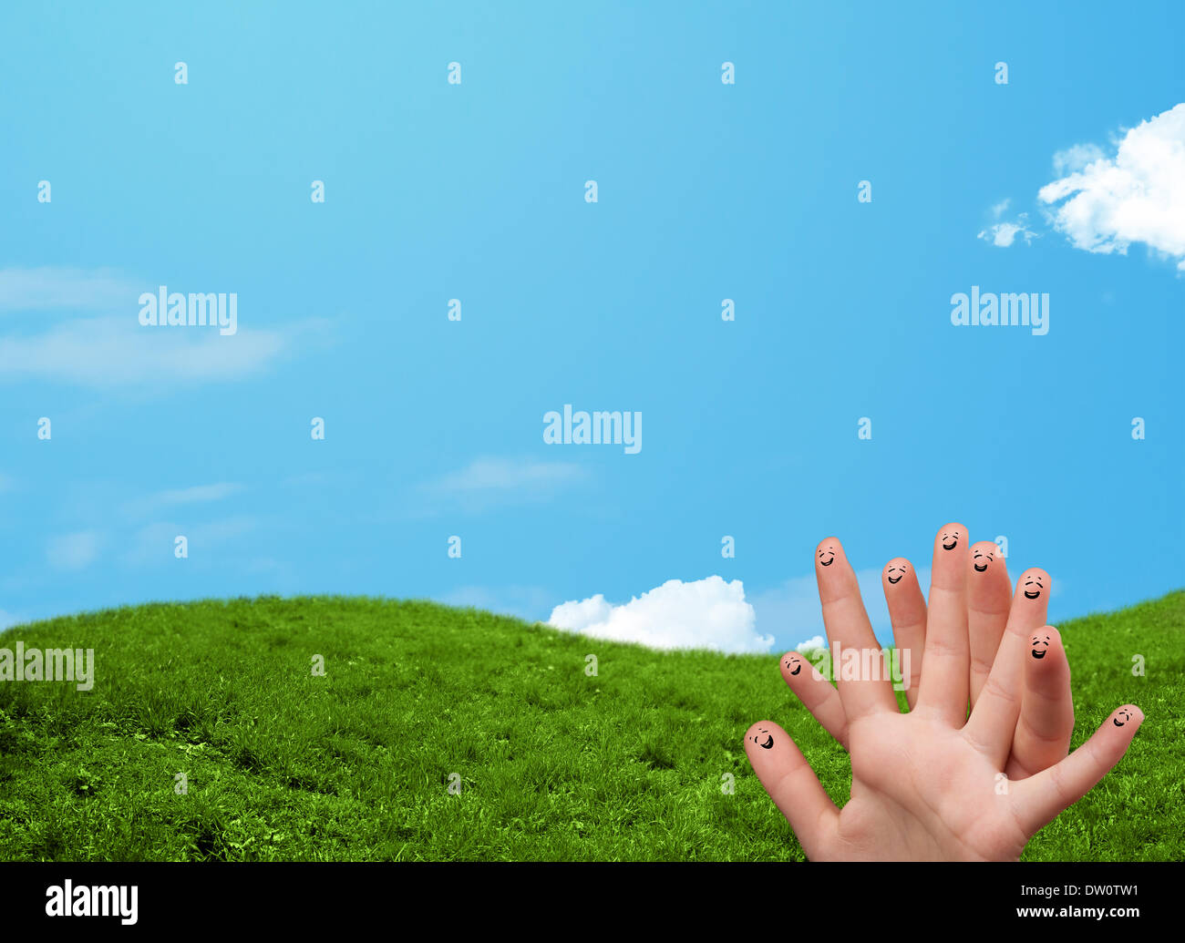 Cheerful finger smileys with landscape scenery at the background Stock ...