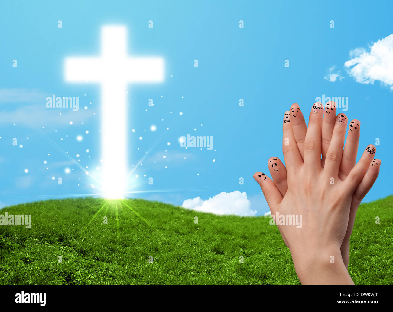 Happy finger smileys with christian religion cross Stock Photo - Alamy