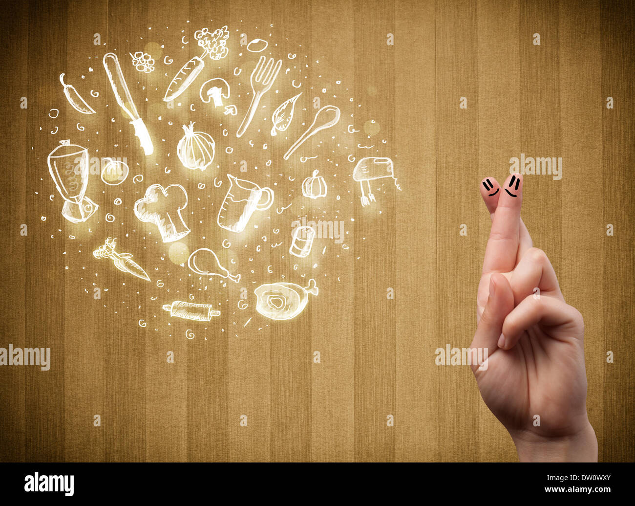 Cheerful finger smileys with food and kitchen hand drawn icons Stock ...