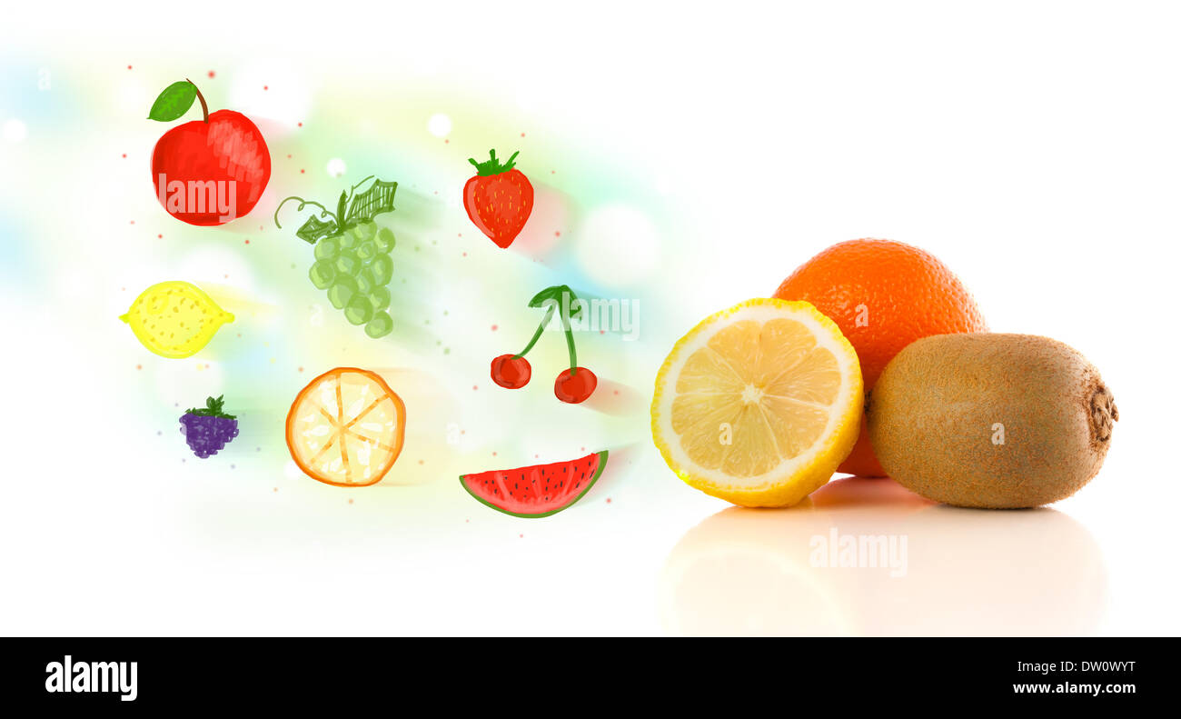 Colorful fruits with hand drawn illustrated fruits Stock Photo - Alamy