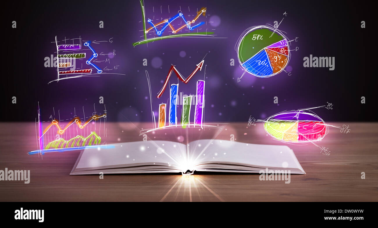 Book on wooden deck with glowing graph illustrations Stock Photo - Alamy