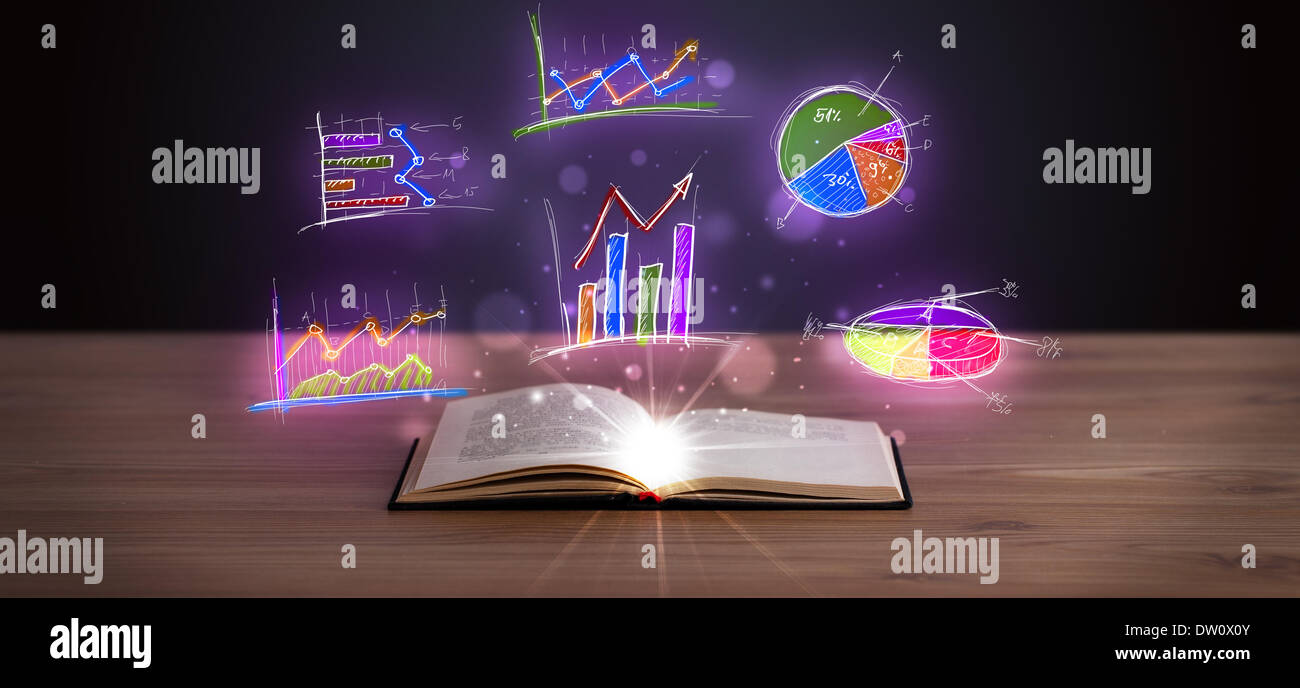 Book on wooden deck with glowing graph illustrations Stock Photo - Alamy