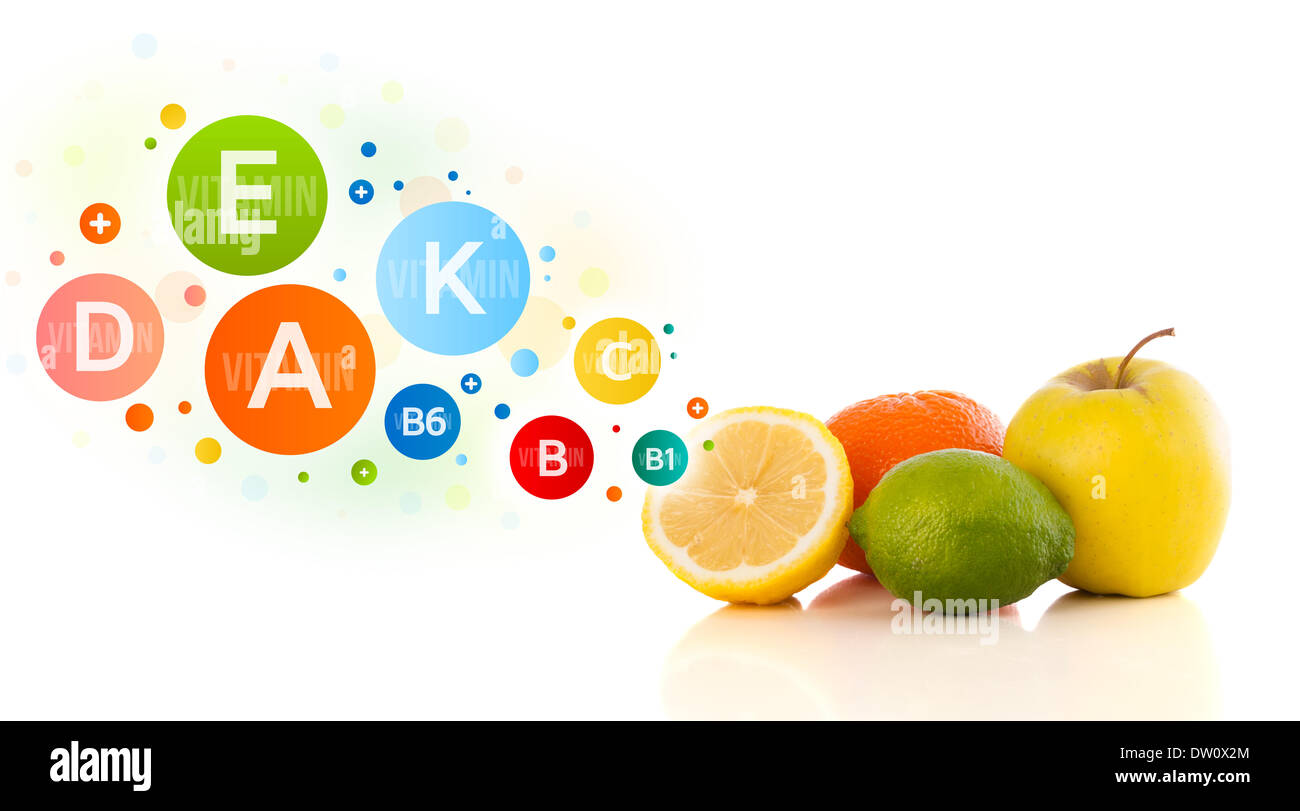 Healthy fruits with colorful vitamin symbols and icons Stock Photo - Alamy