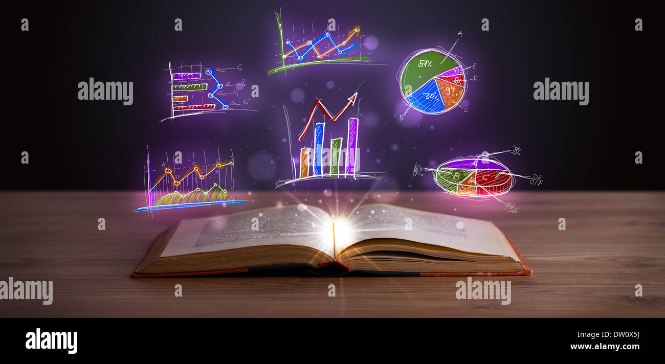 Book on wooden deck with glowing graph illustrations Stock Photo - Alamy