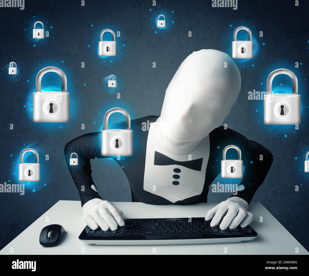Hacker in disguise with virtual lock symbols and icons Stock Photo - Alamy