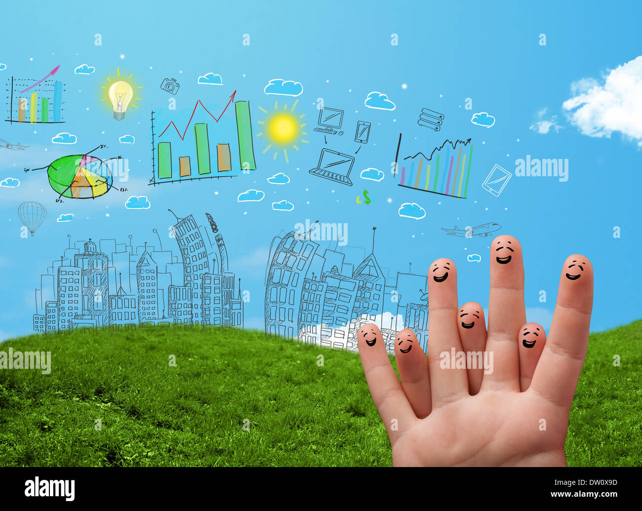 Happy smiley fingers looking at hand drawn urban city landscape Stock ...