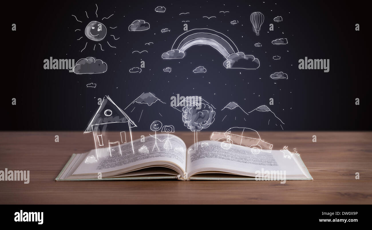 Open book with hand drawn landscape Stock Photo - Alamy