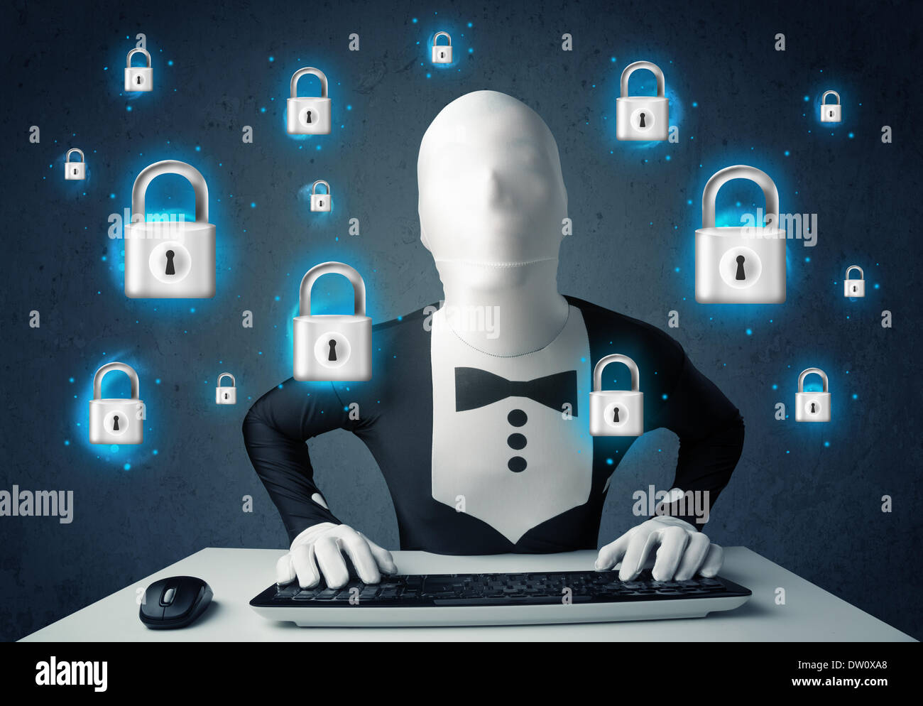 Hacker in disguise with virtual lock symbols and icons Stock Photo - Alamy