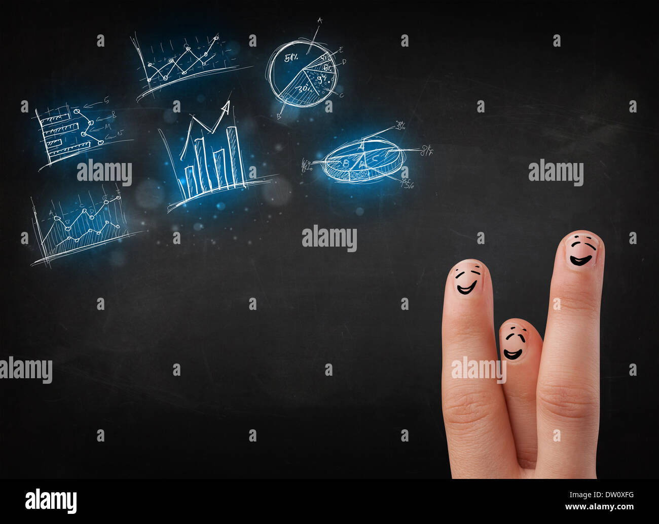 Happy finger smileys with blue chart icons and symbols Stock Photo - Alamy