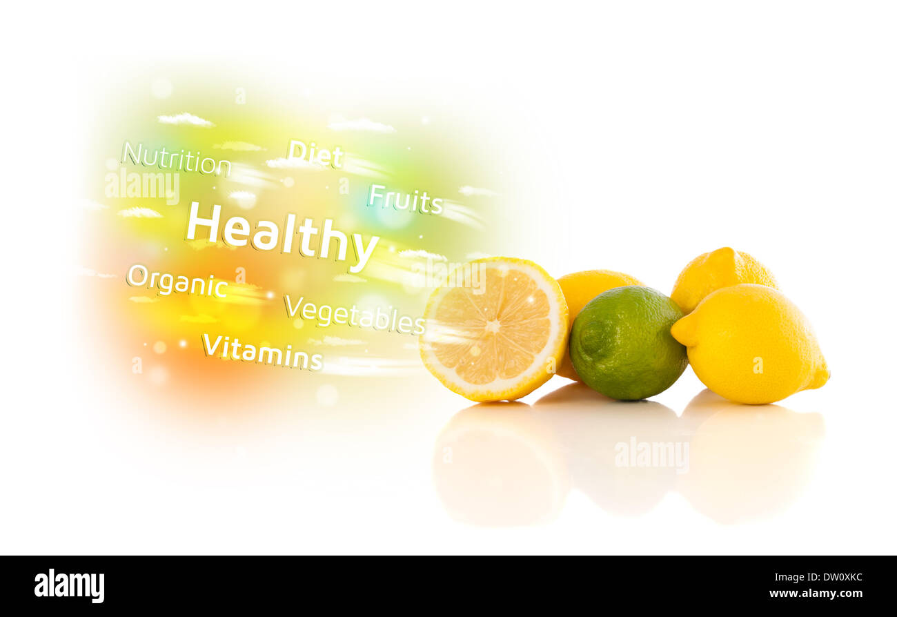 Colorful juicy fruits with healthy text and signs Stock Photo - Alamy