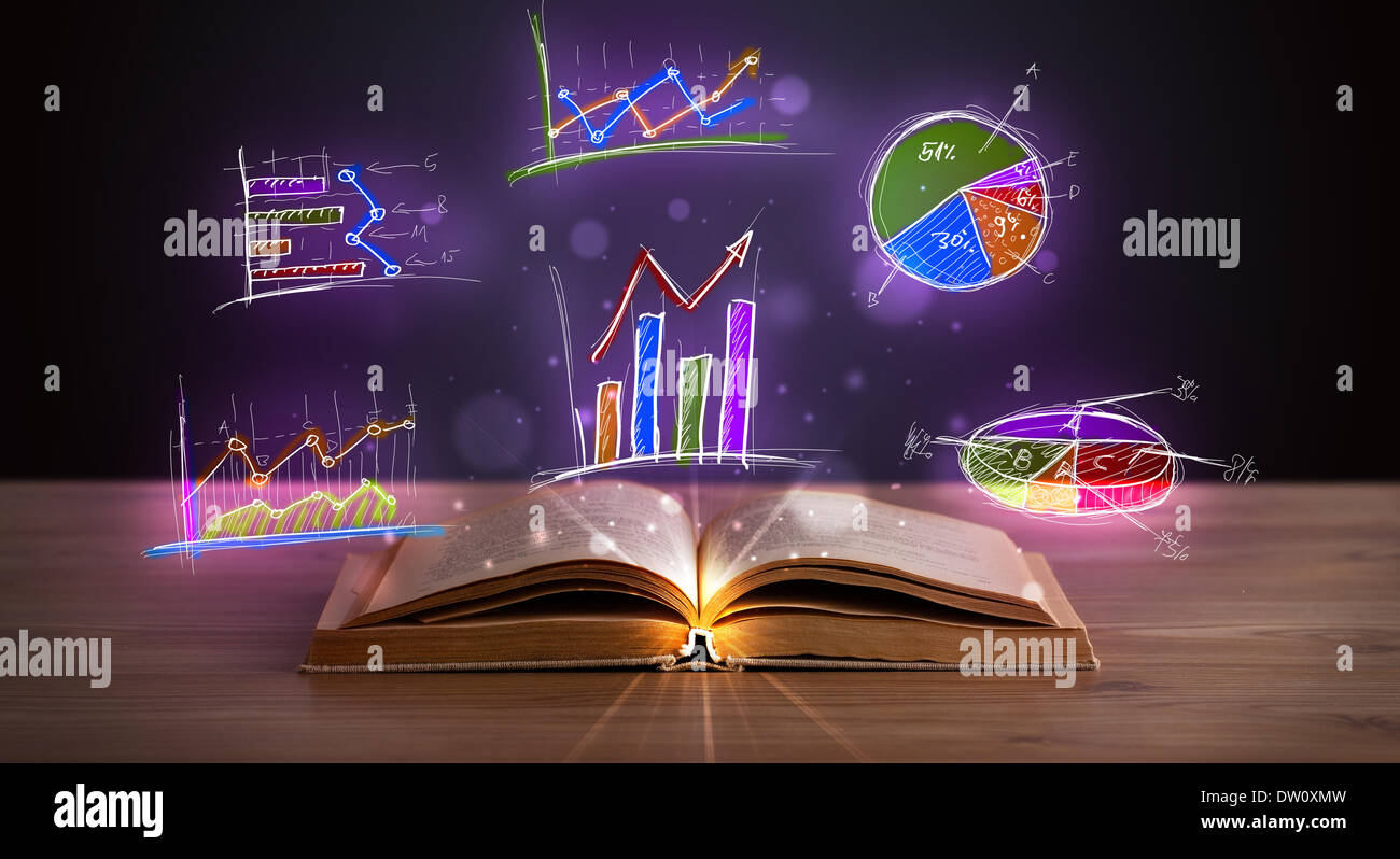 Book on wooden deck with glowing graph illustrations Stock Photo - Alamy