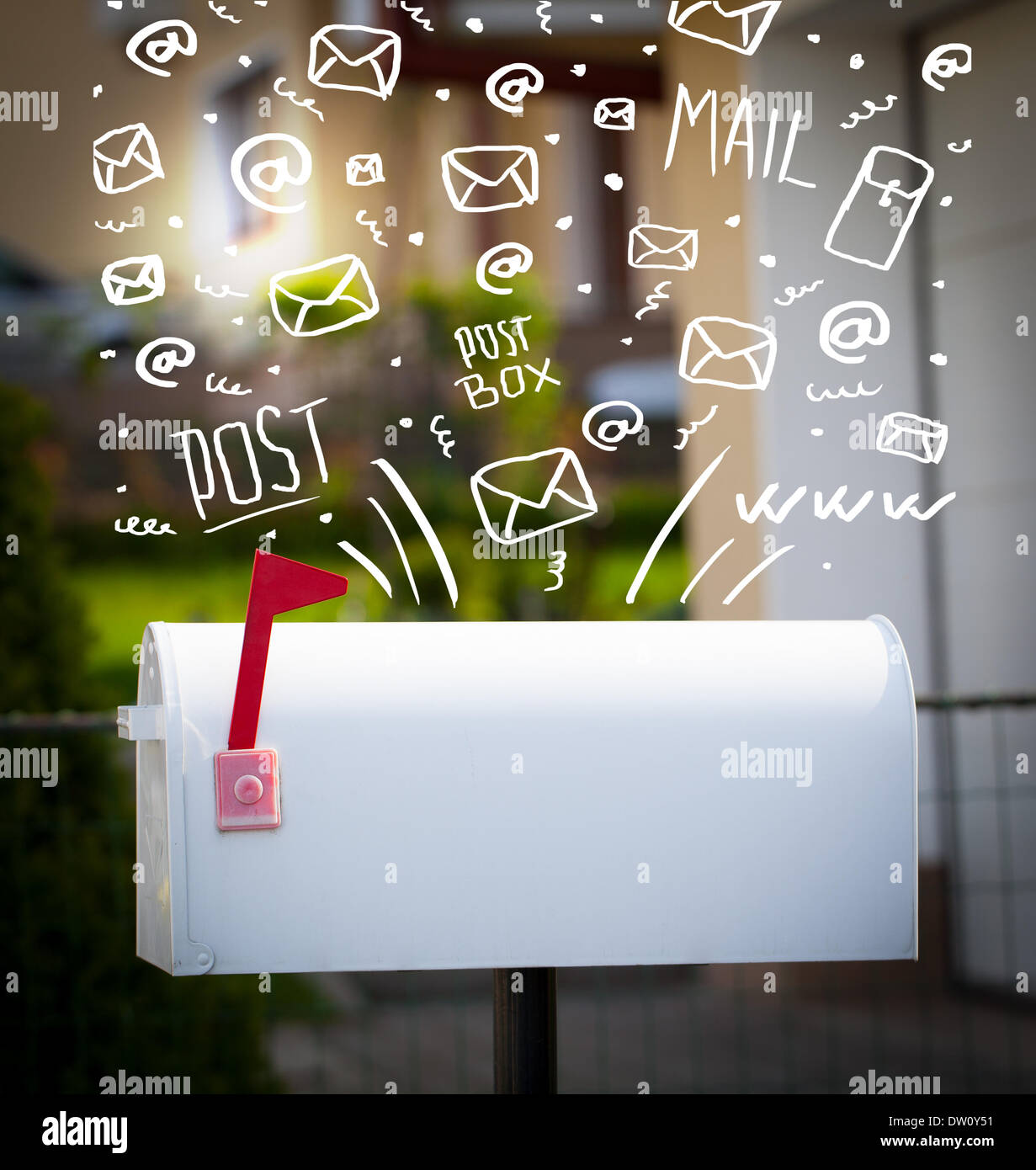 Postbox with white hand drawn mail icons Stock Photo - Alamy