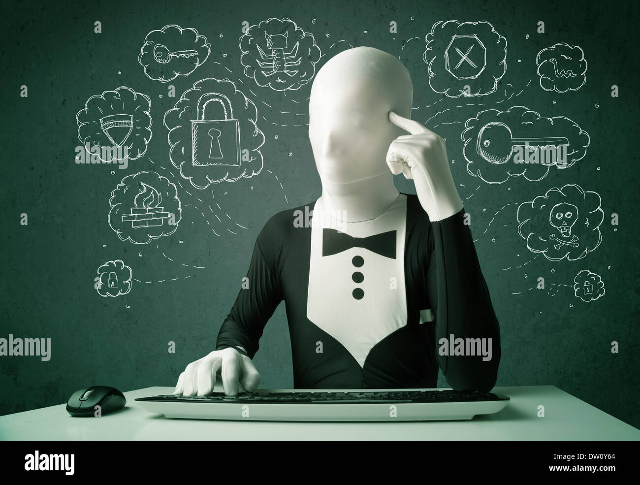 Hacker in mask morphsuit with virus and hacking thoughts Stock Photo - Alamy