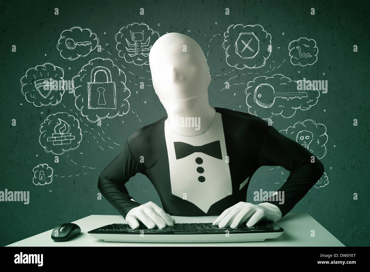 Hacker in mask morphsuit with virus and hacking thoughts Stock Photo - Alamy