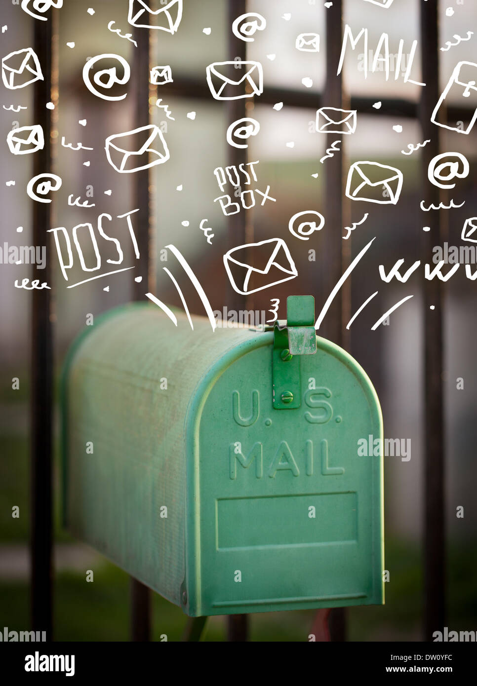 Postbox with white hand drawn mail icons Stock Photo - Alamy