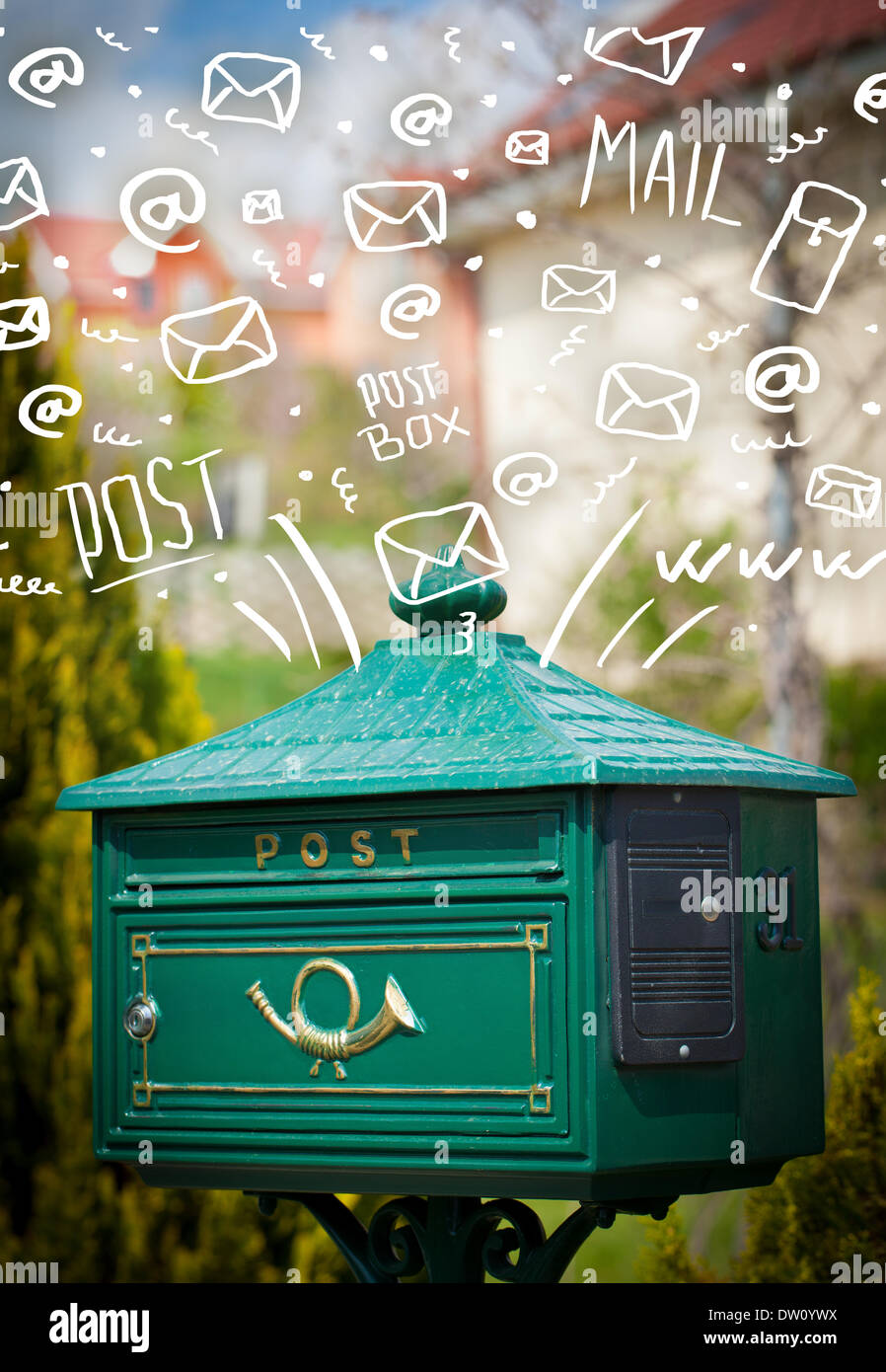 Postbox with white hand drawn mail icons Stock Photo - Alamy