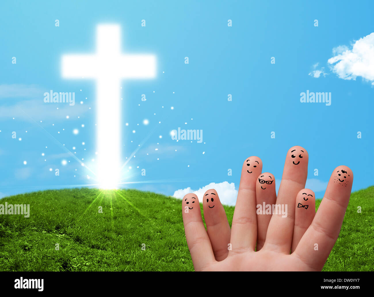 Happy finger smileys with christian religion cross Stock Photo - Alamy