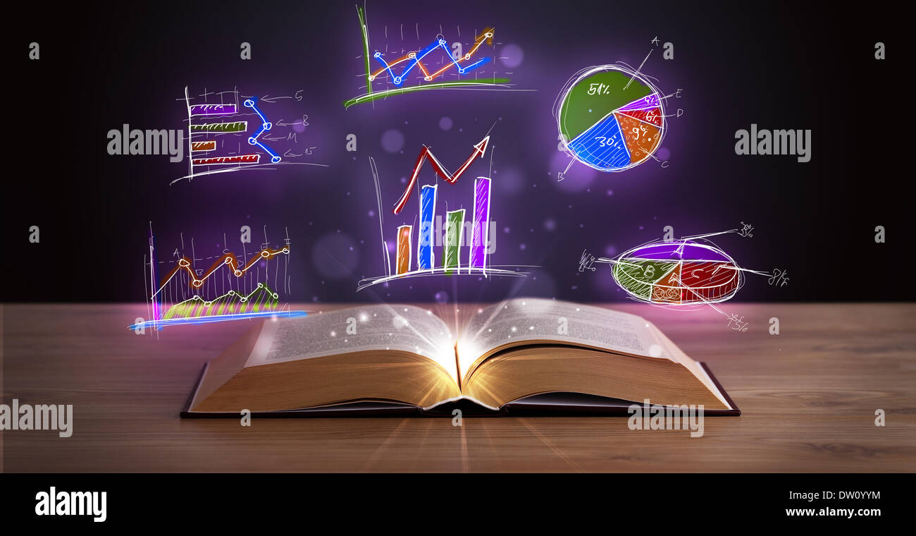 Book on wooden deck with glowing graph illustrations Stock Photo - Alamy