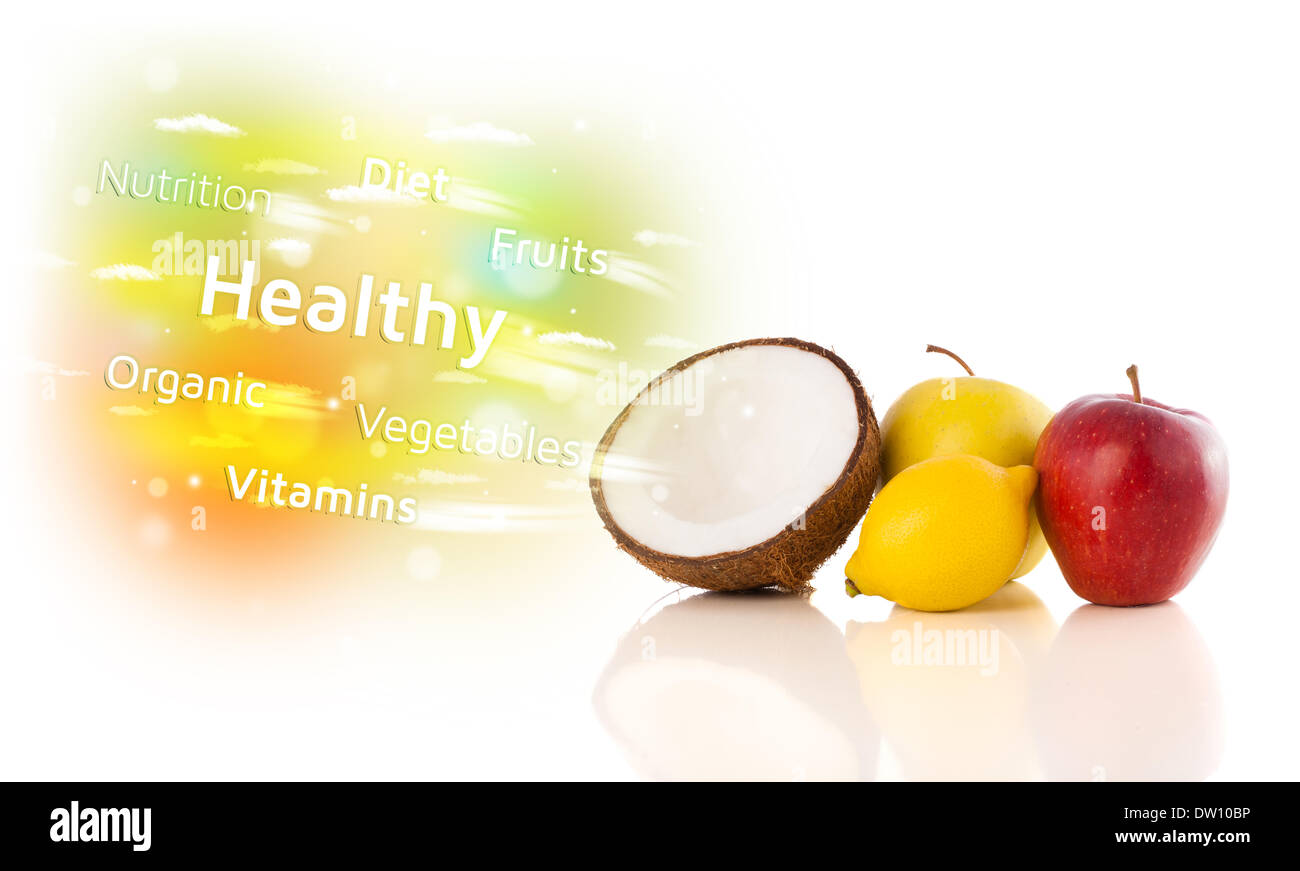Colorful juicy fruits with healthy text and signs Stock Photo - Alamy