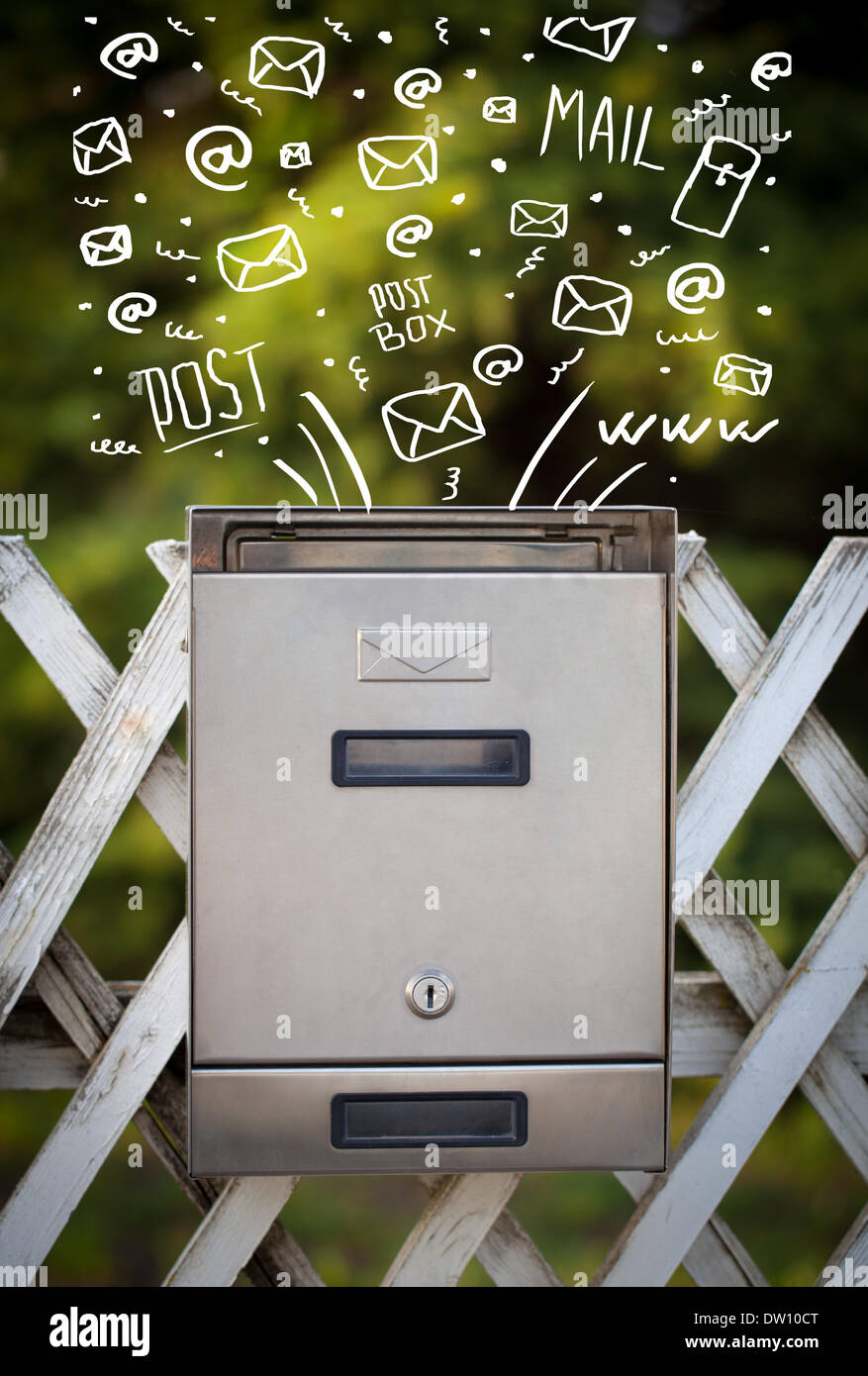 Postbox with white hand drawn mail icons Stock Photo - Alamy