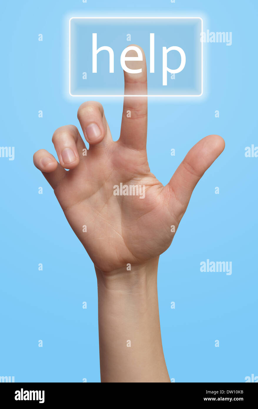 Hand and button Help Stock Photo - Alamy