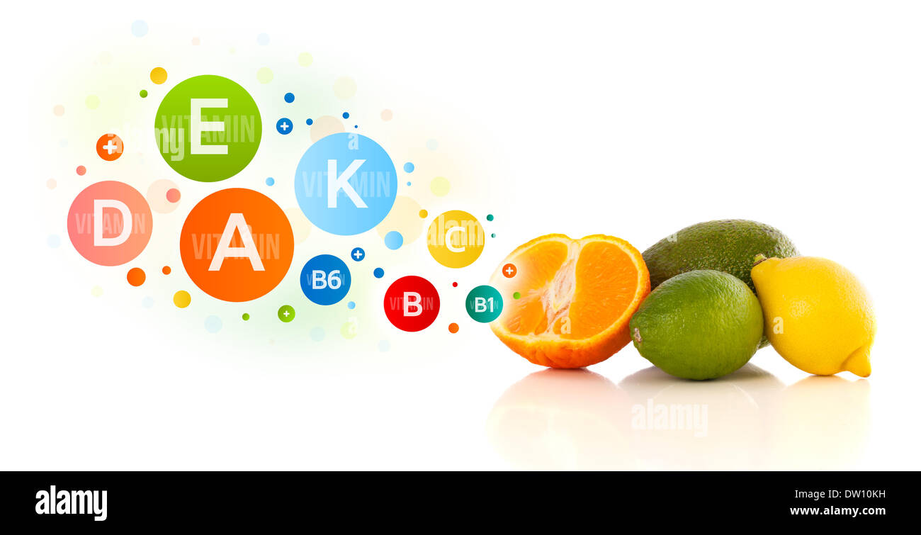 Healthy fruits with colorful vitamin symbols and icons Stock Photo - Alamy